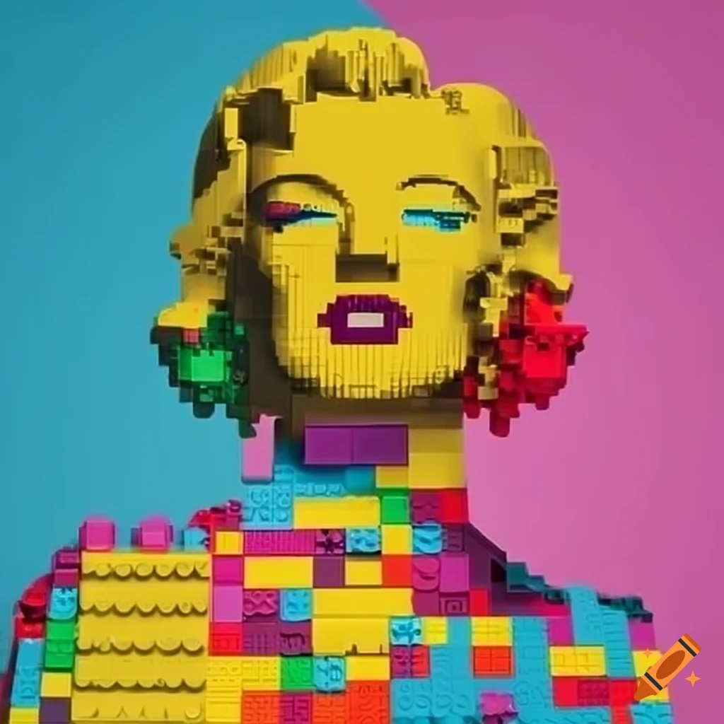 Colorful pop art with iconic warhol-style font and lego figures on Craiyon