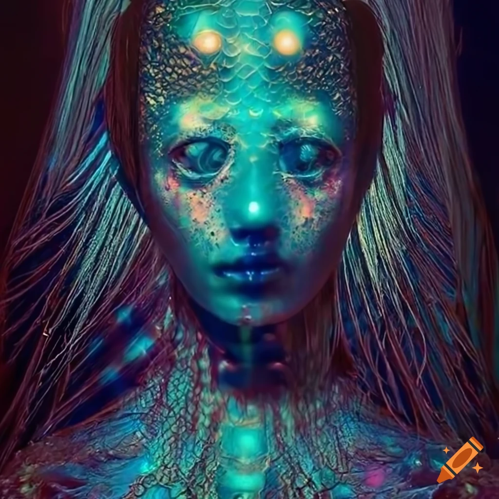 Close-up portrait of a biopunk mermaid with bioluminescent scales ...