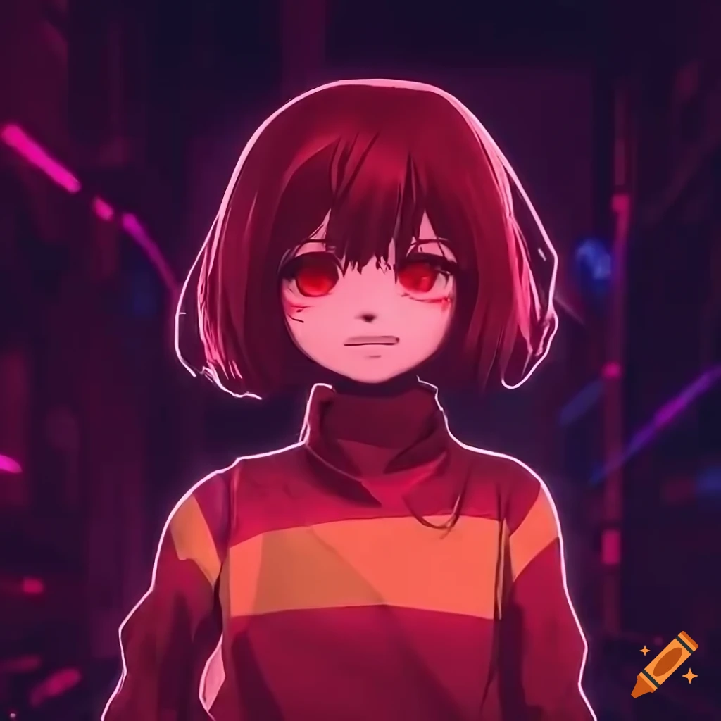 Chara from undertale with confident smirk and glowing red eyes in a ...