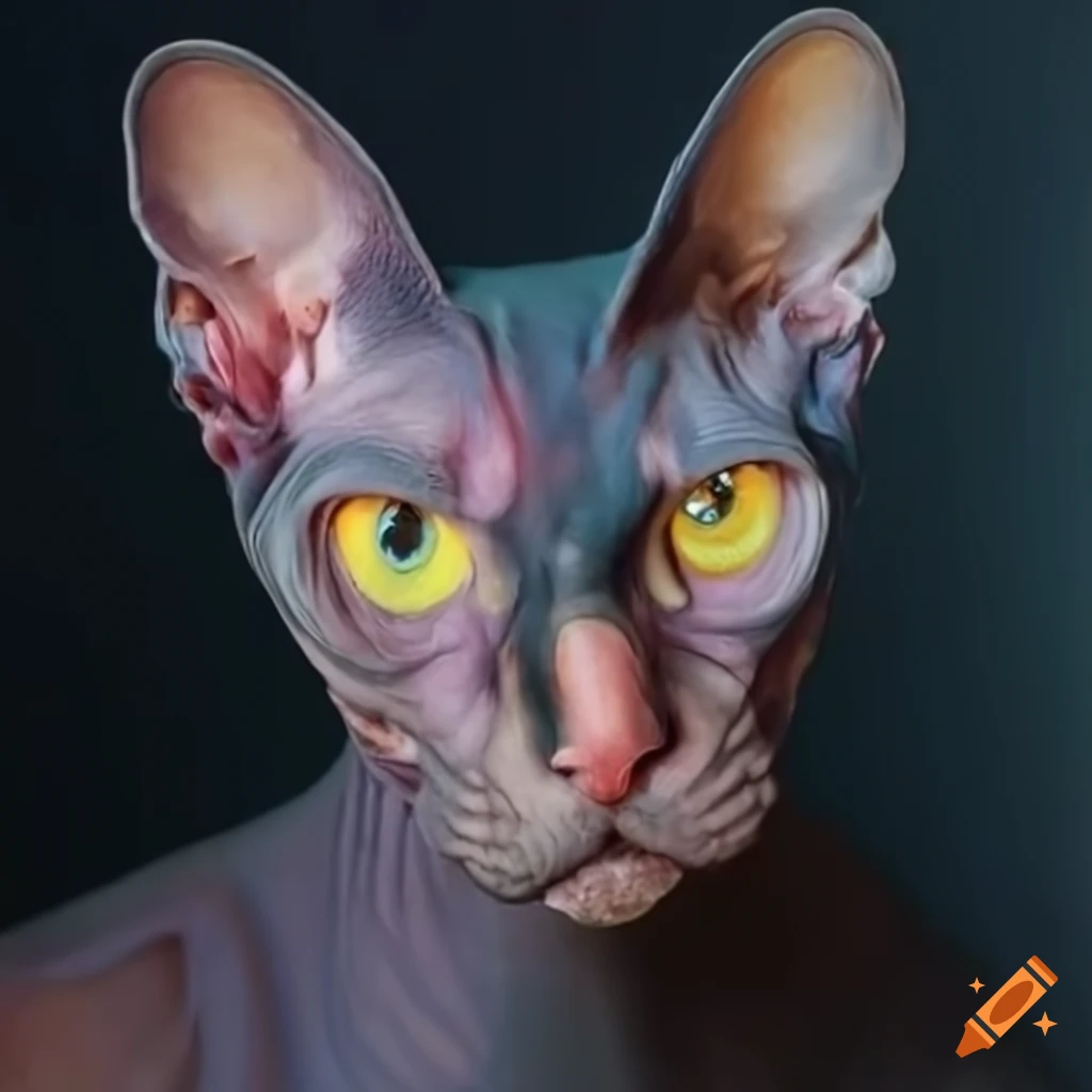 Intricately detailed close-up portrait of a Sphynx cat with a humanoid ...