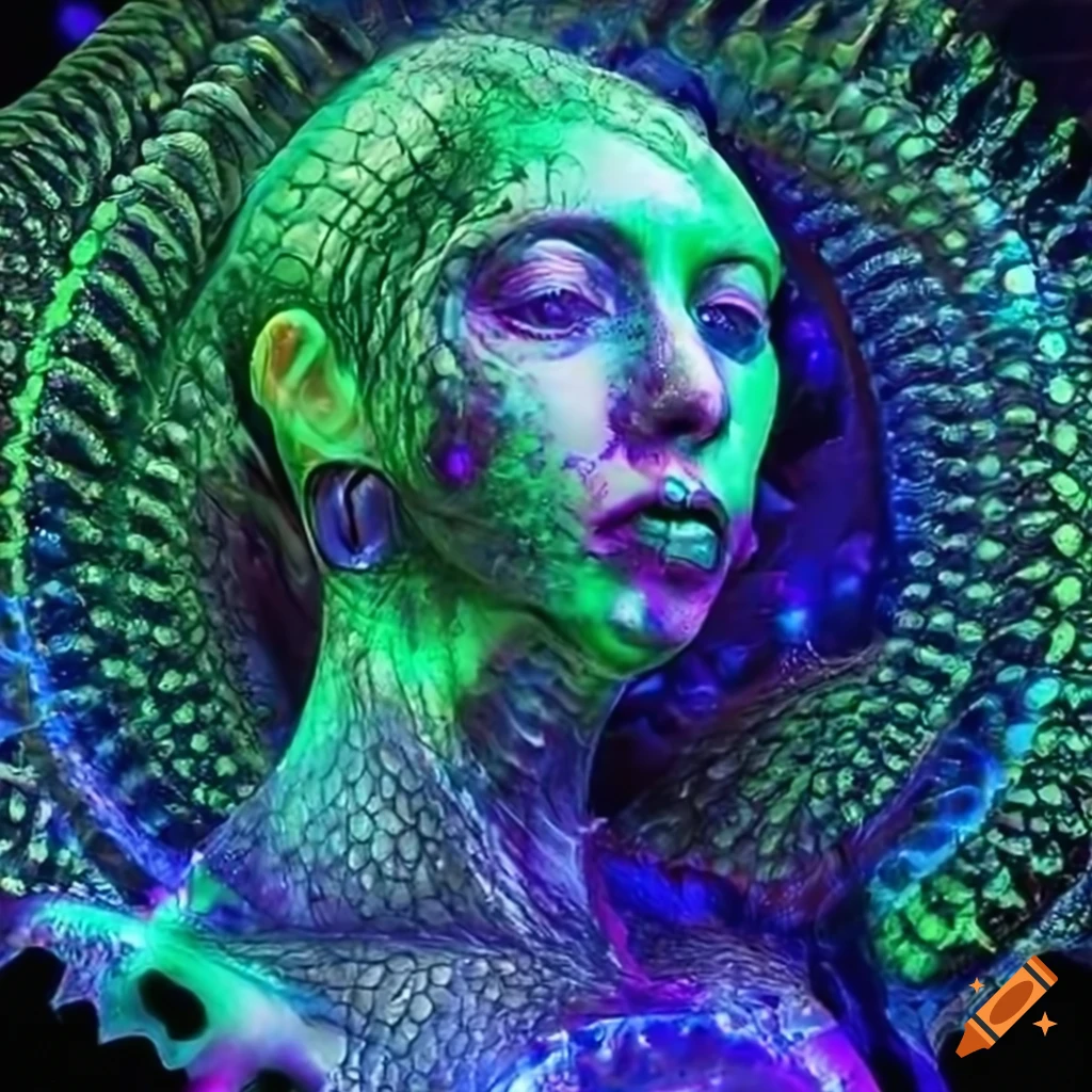 Close-up of biopunk mermaid with bioluminescent scales, gills, and fins ...