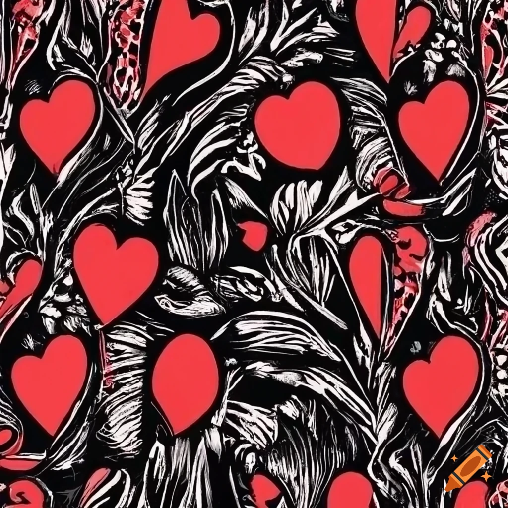 Botanical love hearts abstract pattern in black and red linocut art ...