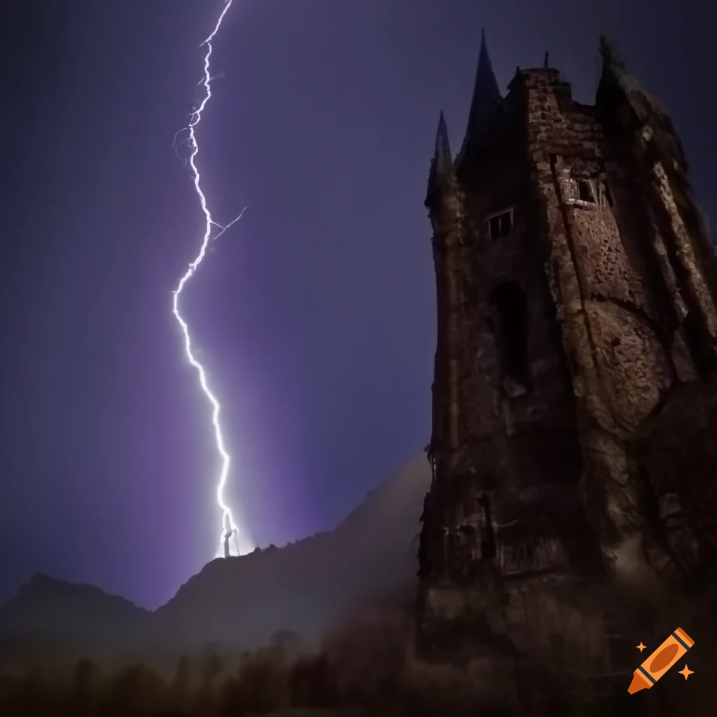Wizard's tower in a stormy setting with lightning and rain on Craiyon