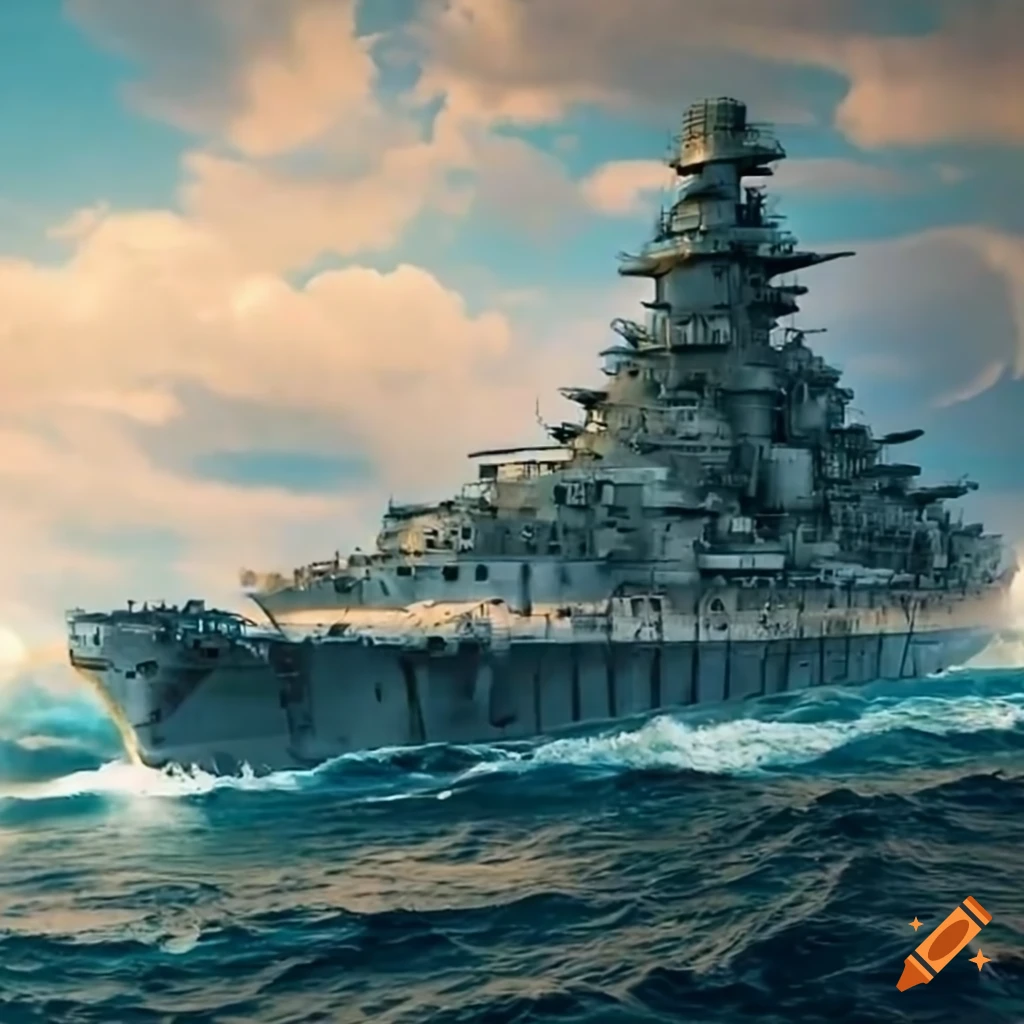 Massive war battleship covered with guns at sea in beautiful daytime on ...