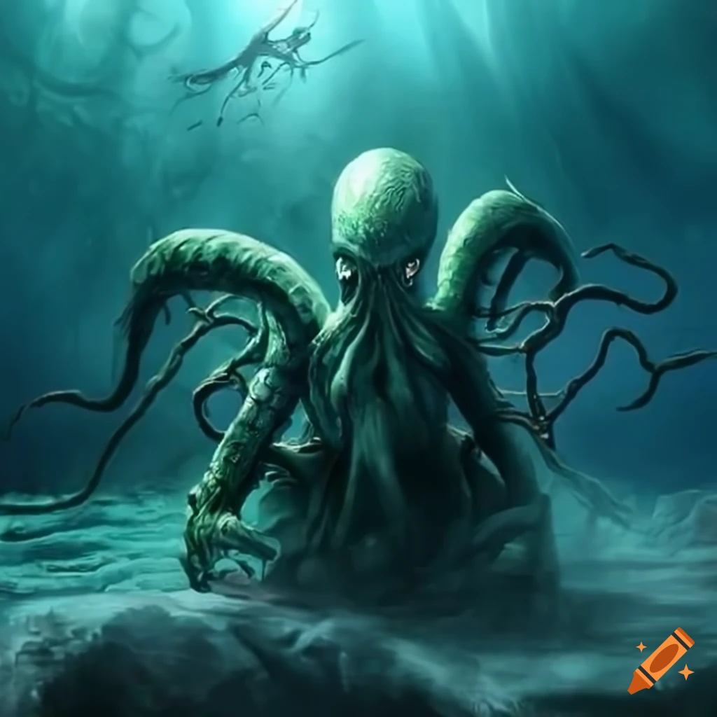 Cthulhu rising from the water on Craiyon