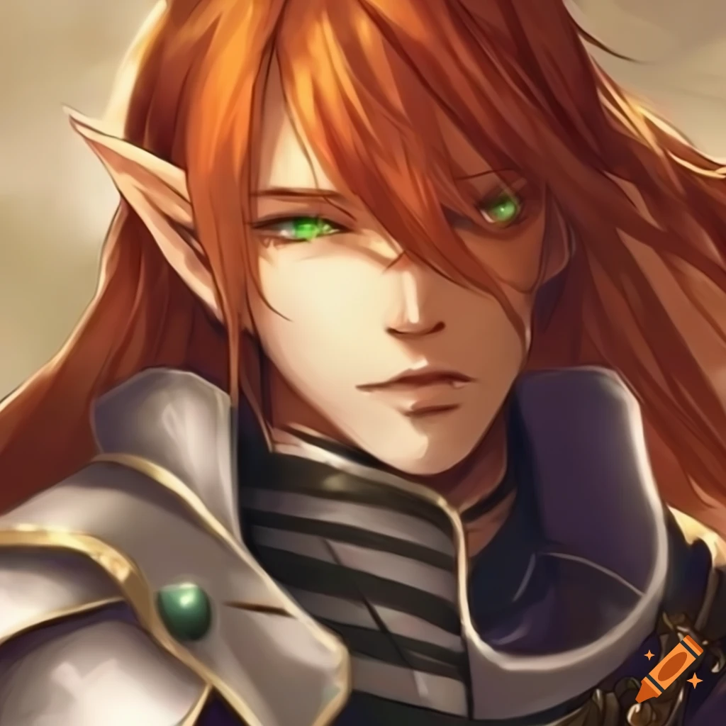 Anime male elf knight with long orange hair and green eyes on Craiyon
