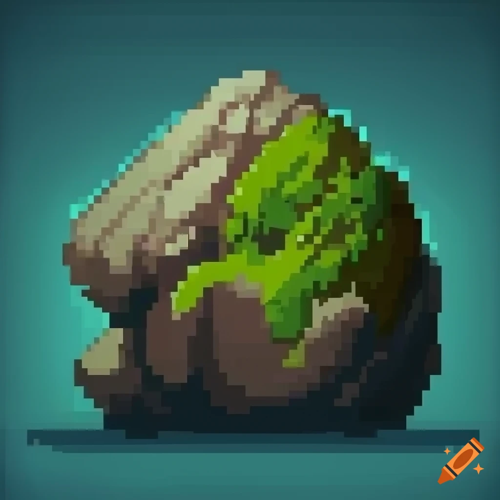 Detailed side view of moss-covered boulder in pixel art style on Craiyon