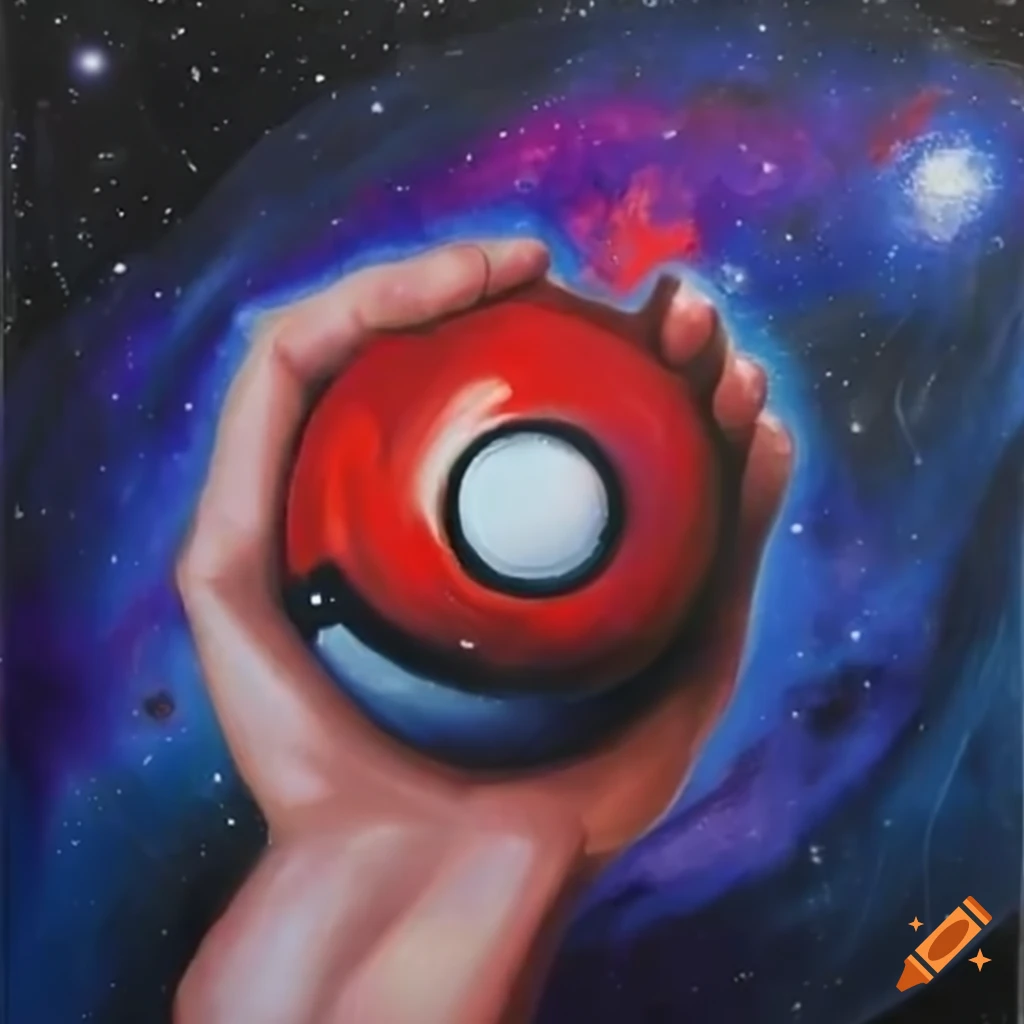 Hand holding a pokeball with a far away galaxy in the background on Craiyon