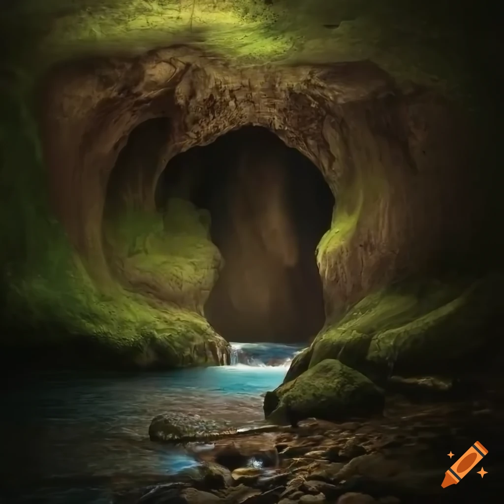 Scenic view of a cave in a hillside surrounded by thickets with a ...