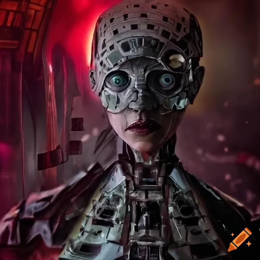 Intricately detailed macro photograph of a fearsome female cyborg ...