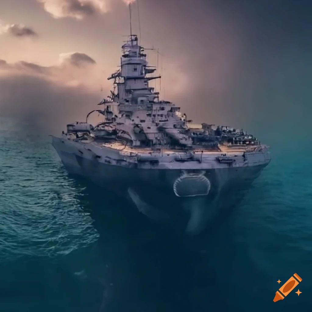 Massive war battleship with numerous guns in the ocean during the day ...