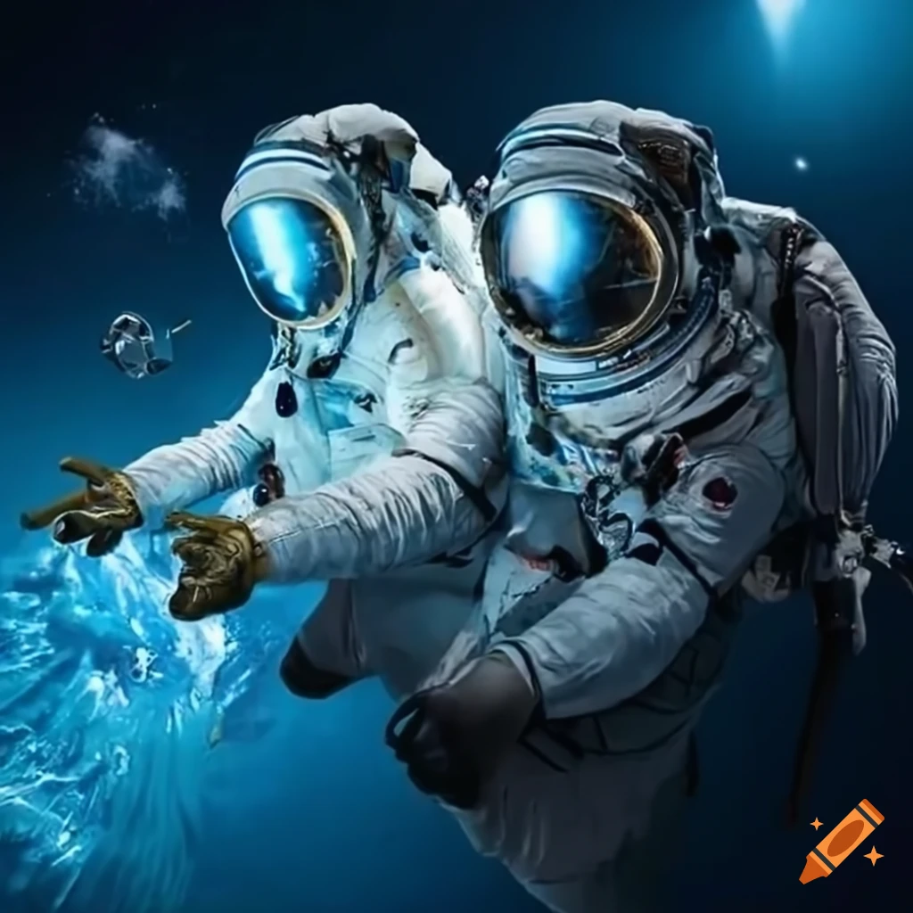 Two men in spacesuits in a space laboratory inside a rocketship on Craiyon