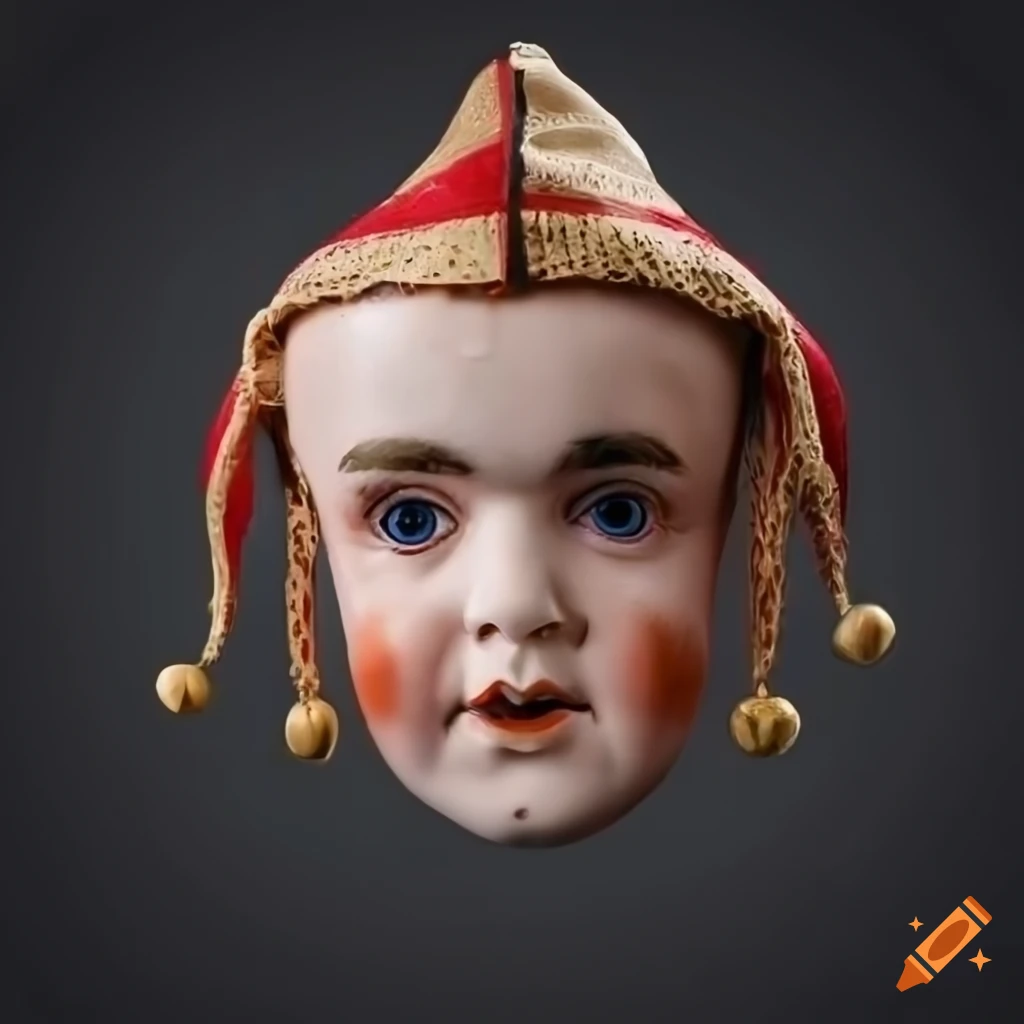 Antique porcelain doll head resembling a traditional jester in somber ...