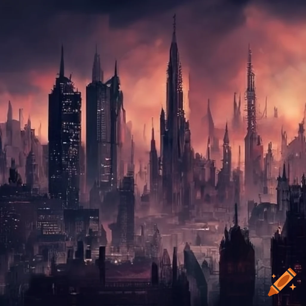 Gothic city with skyscrapers featuring a mix of sci-fi and fantasy ...