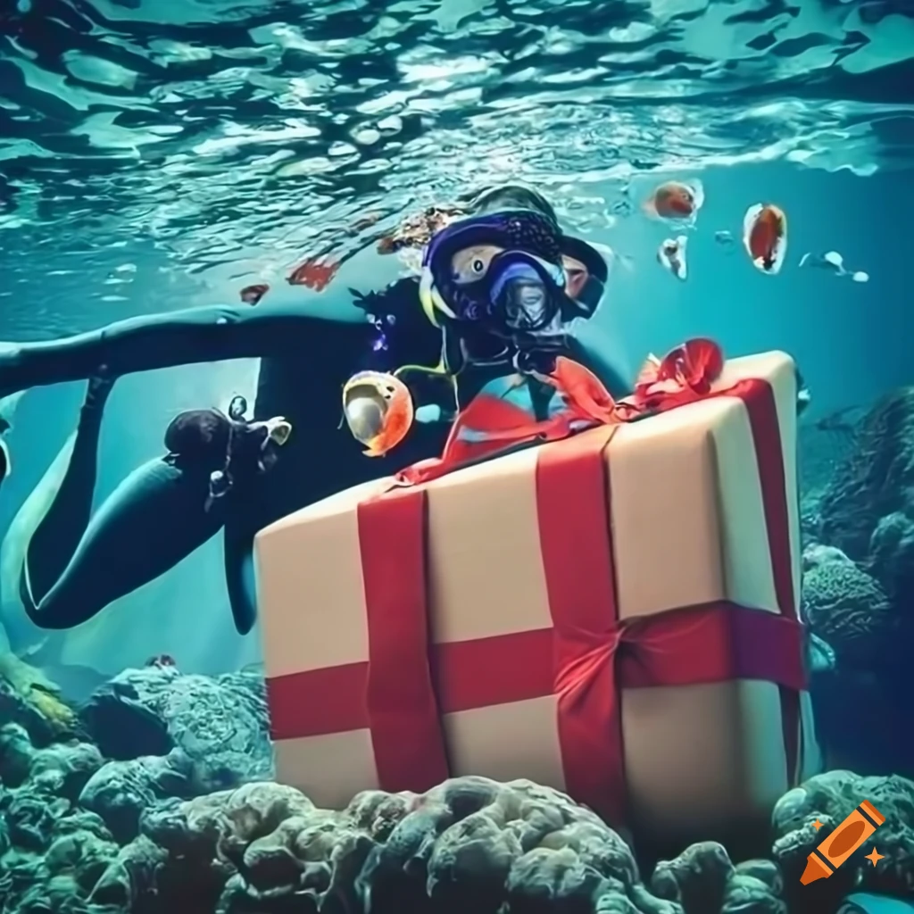 Underwater scene with gift boxes and scuba divers on Craiyon