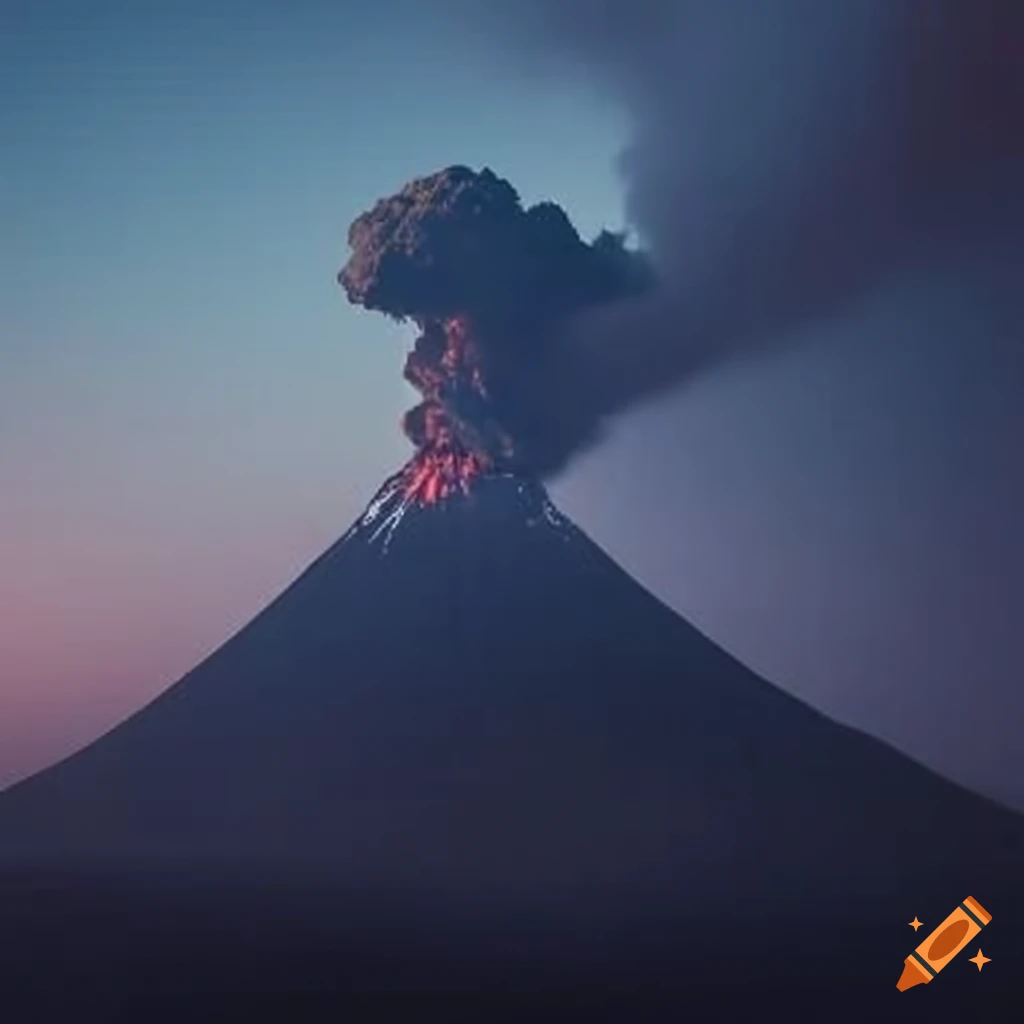 Side view of a colossal flat volcano in the hazy distance on Craiyon