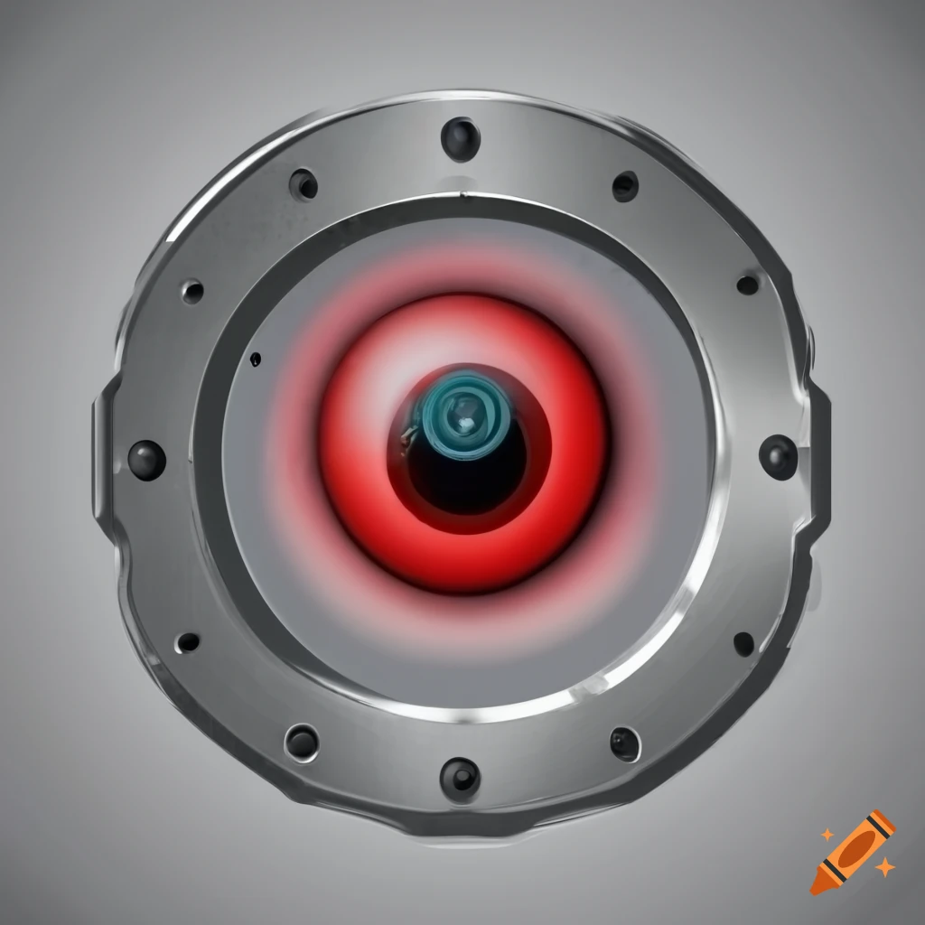 Red robot eye emblem on a metal circle on white background on Craiyon