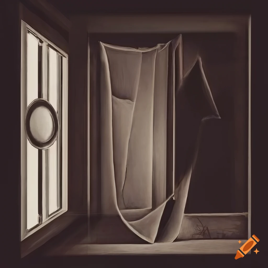 Vintage surrealist art with unique room and window patterns against a ...