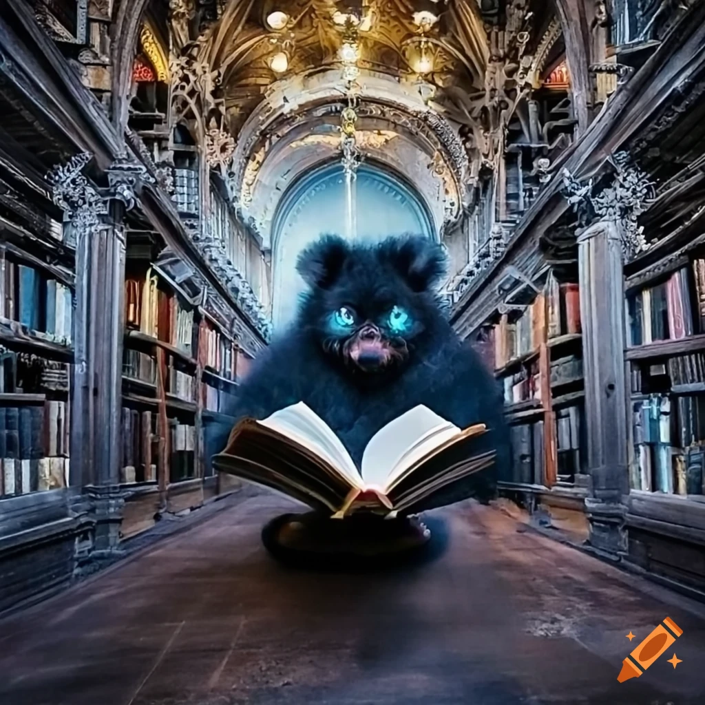 Adorable steampunk-inspired fluffy creature reading in a gothic library ...