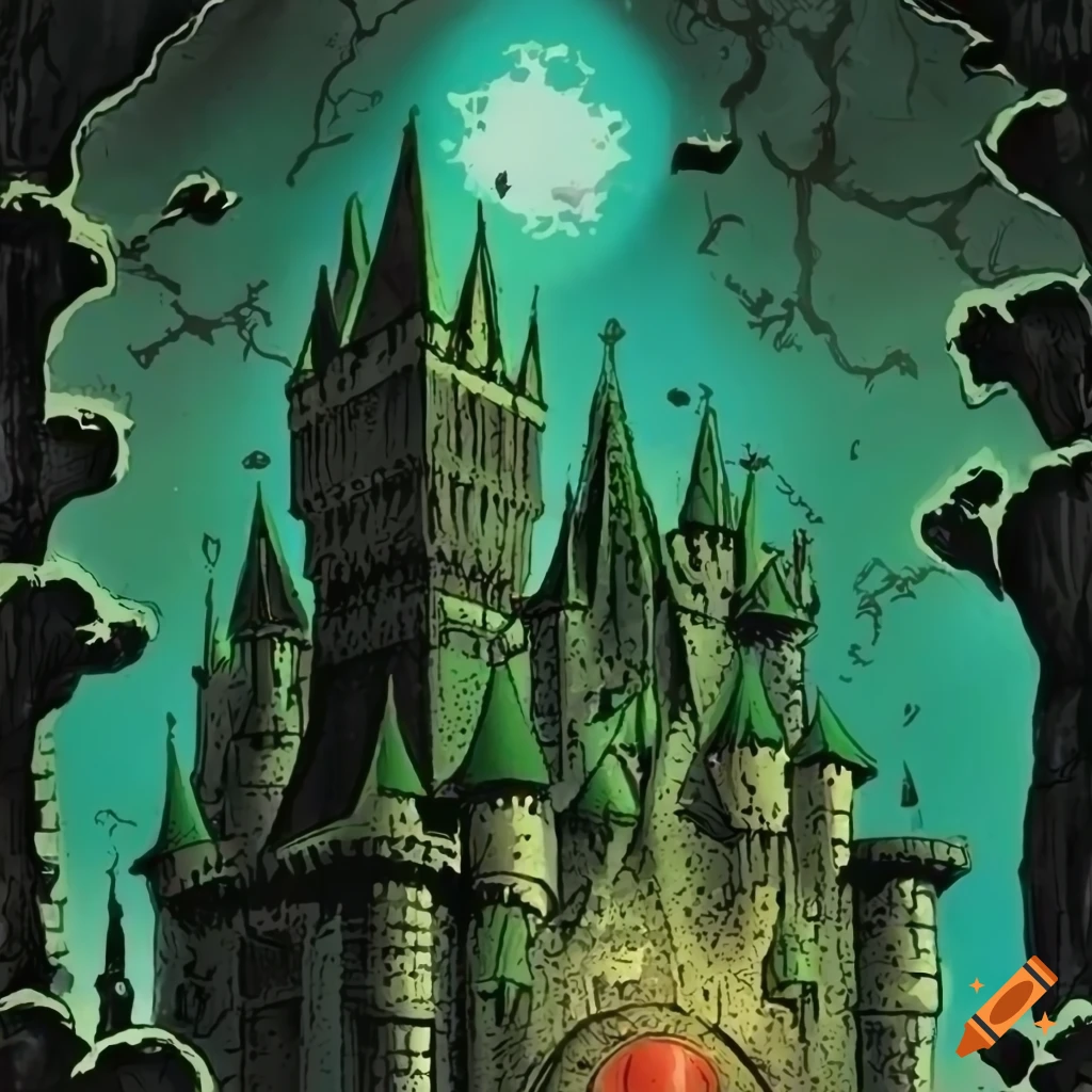 Dark green castle in a 1970s fantasy art style on Craiyon