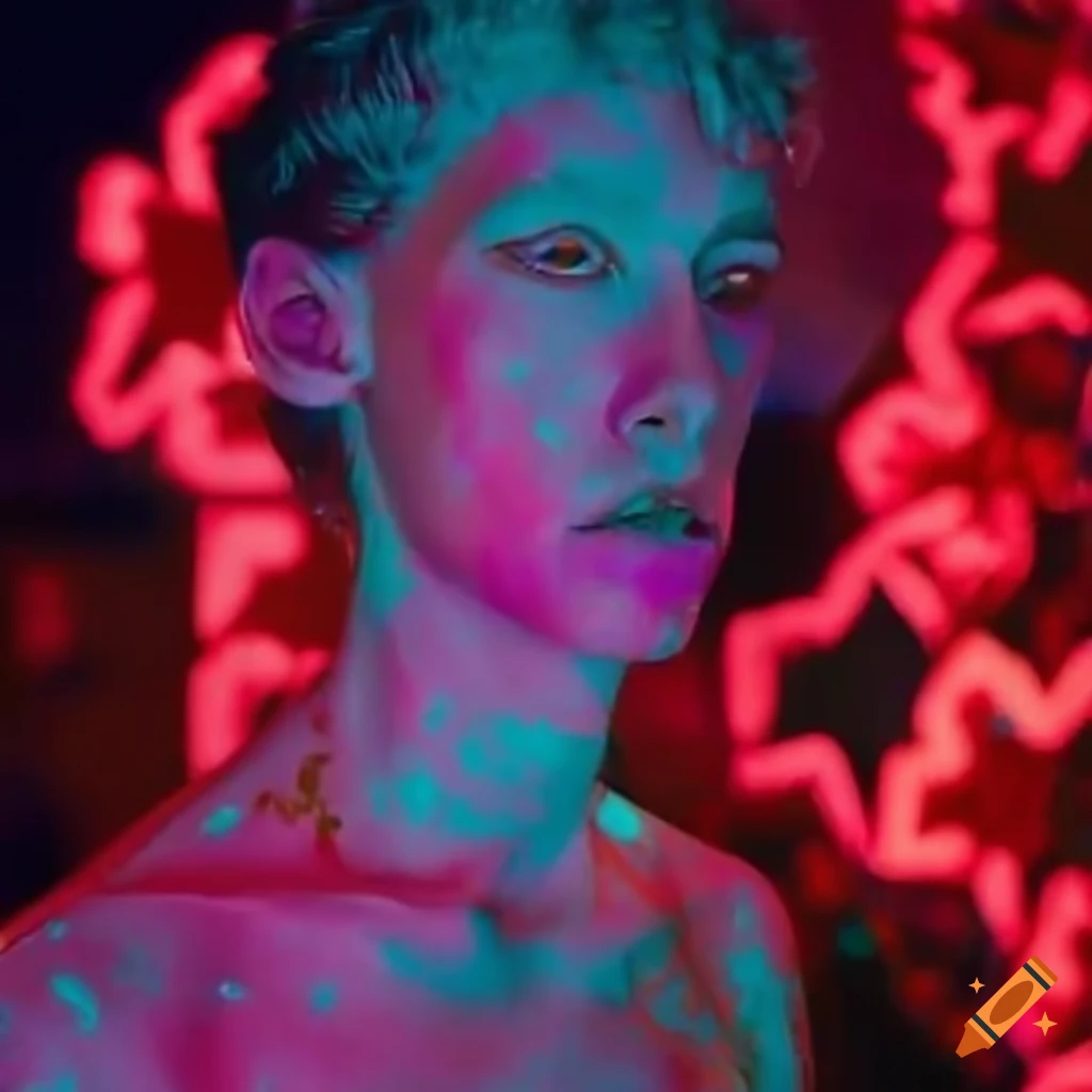 Skinny dazed man surrounded by neon circuitry flowers on Craiyon