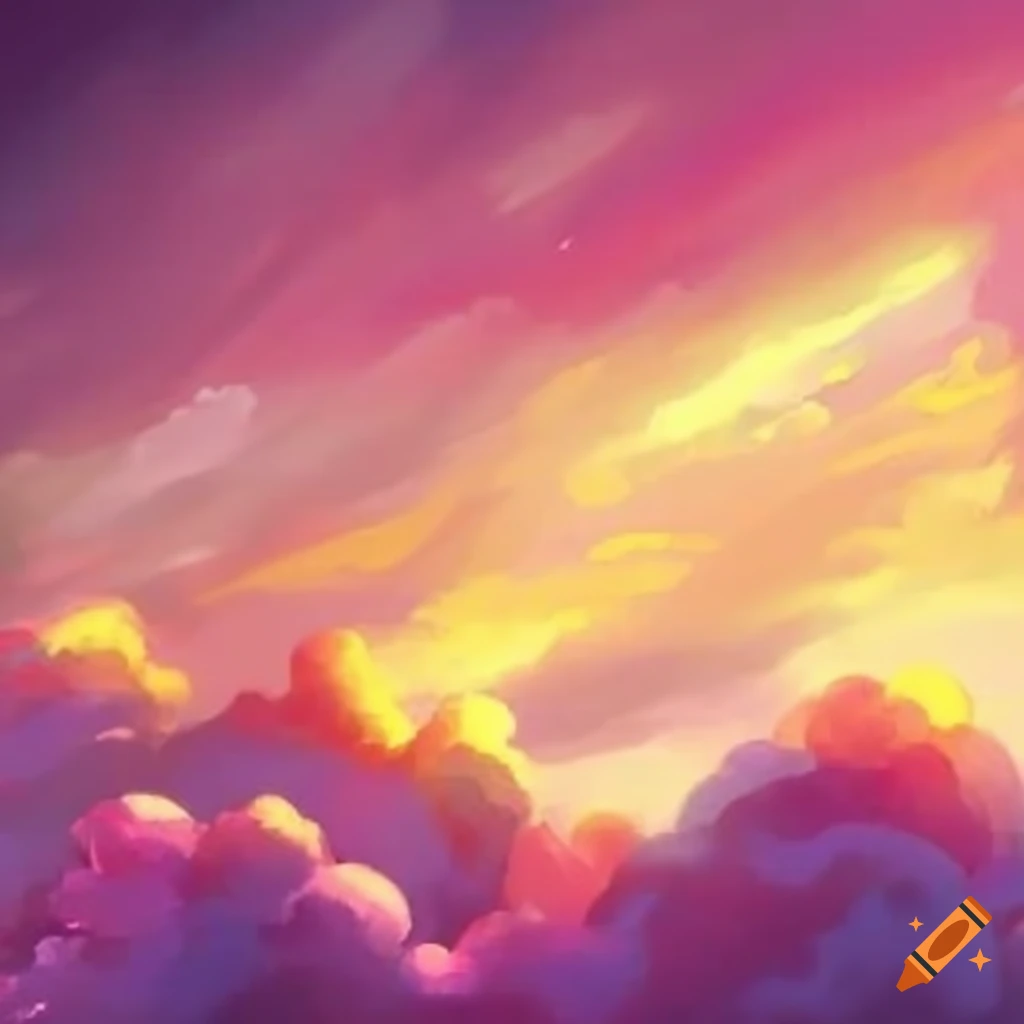 Cute anime sky with clouds in yellow and pink colors on Craiyon