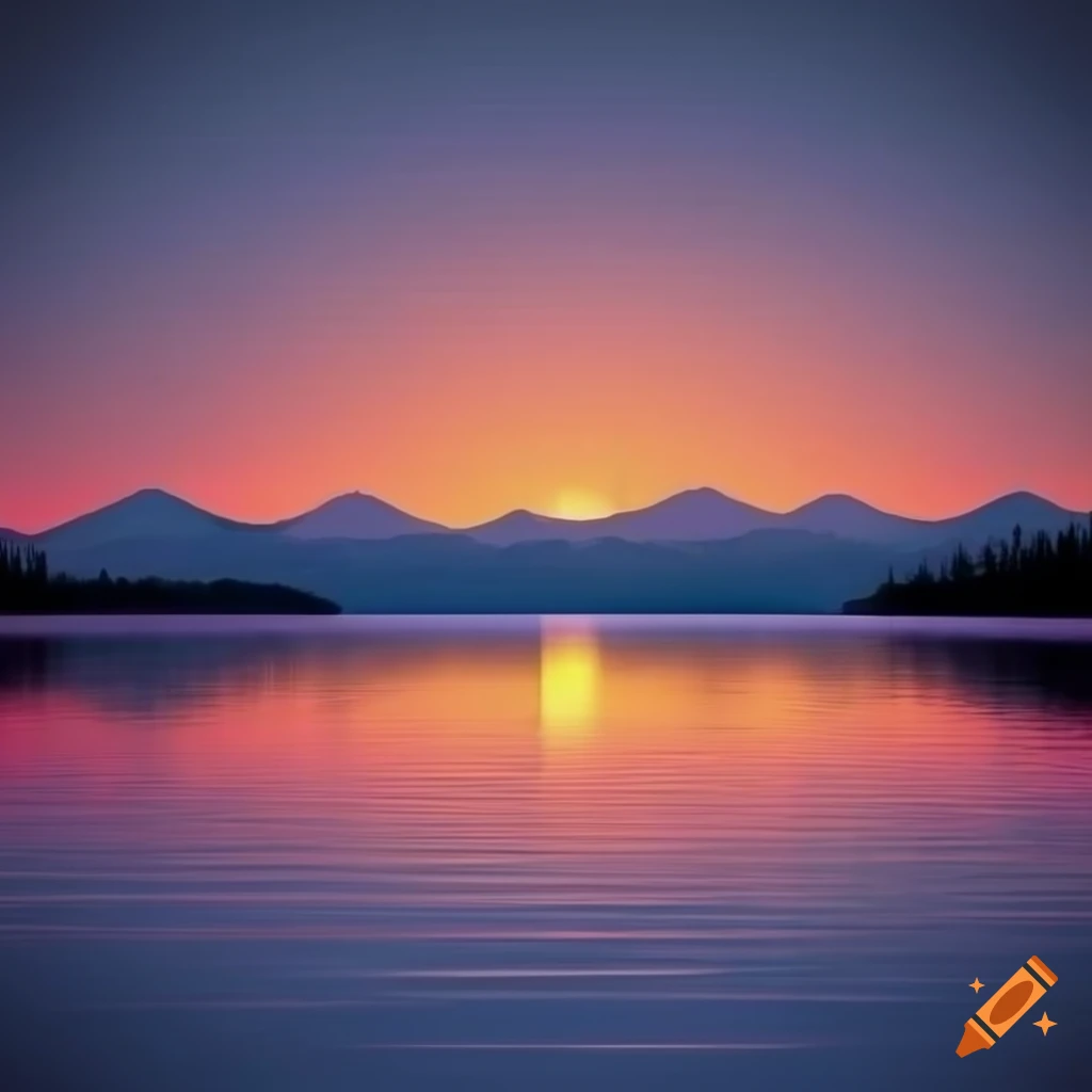 Sunset bathing a tranquil mountain lake in golden light with a ...