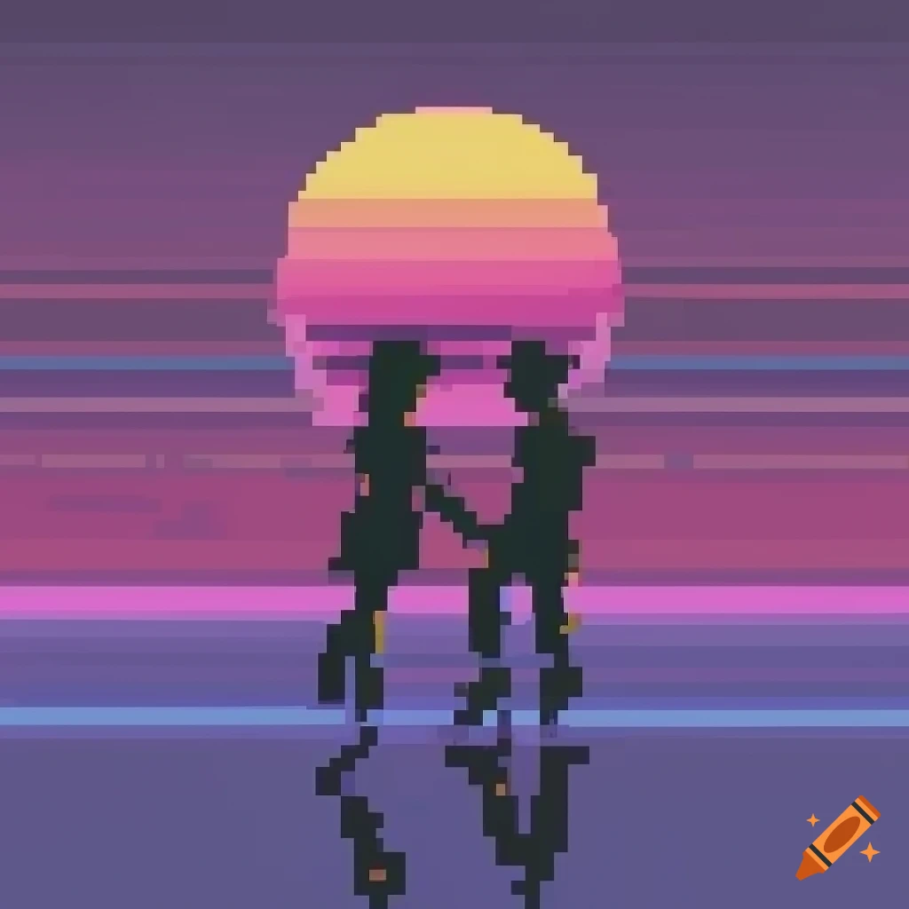 Synthwave couple at sunset in 8-bit pixel art style on Craiyon