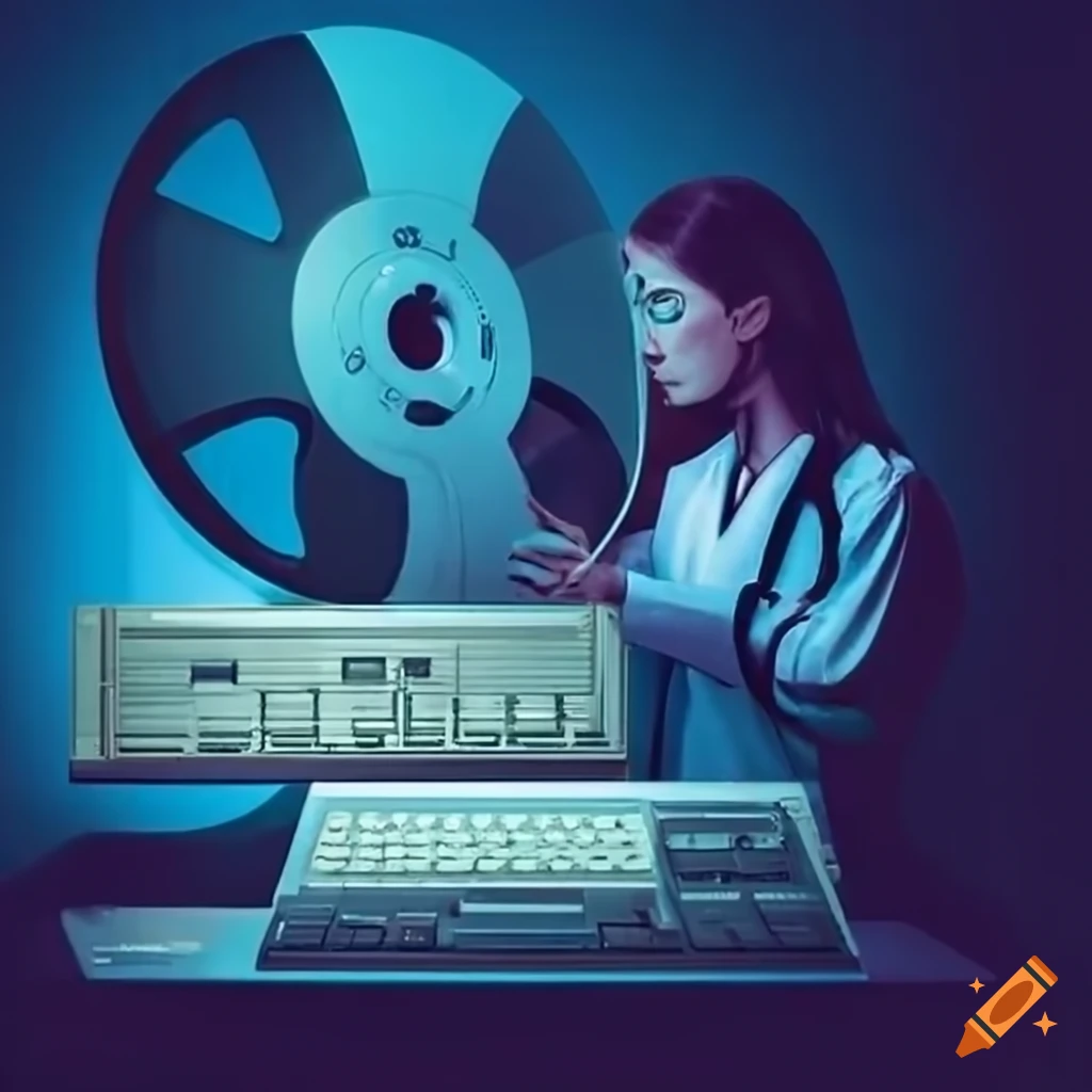 Doctors examining giant retro computer with reel-to-reel tape machine ...