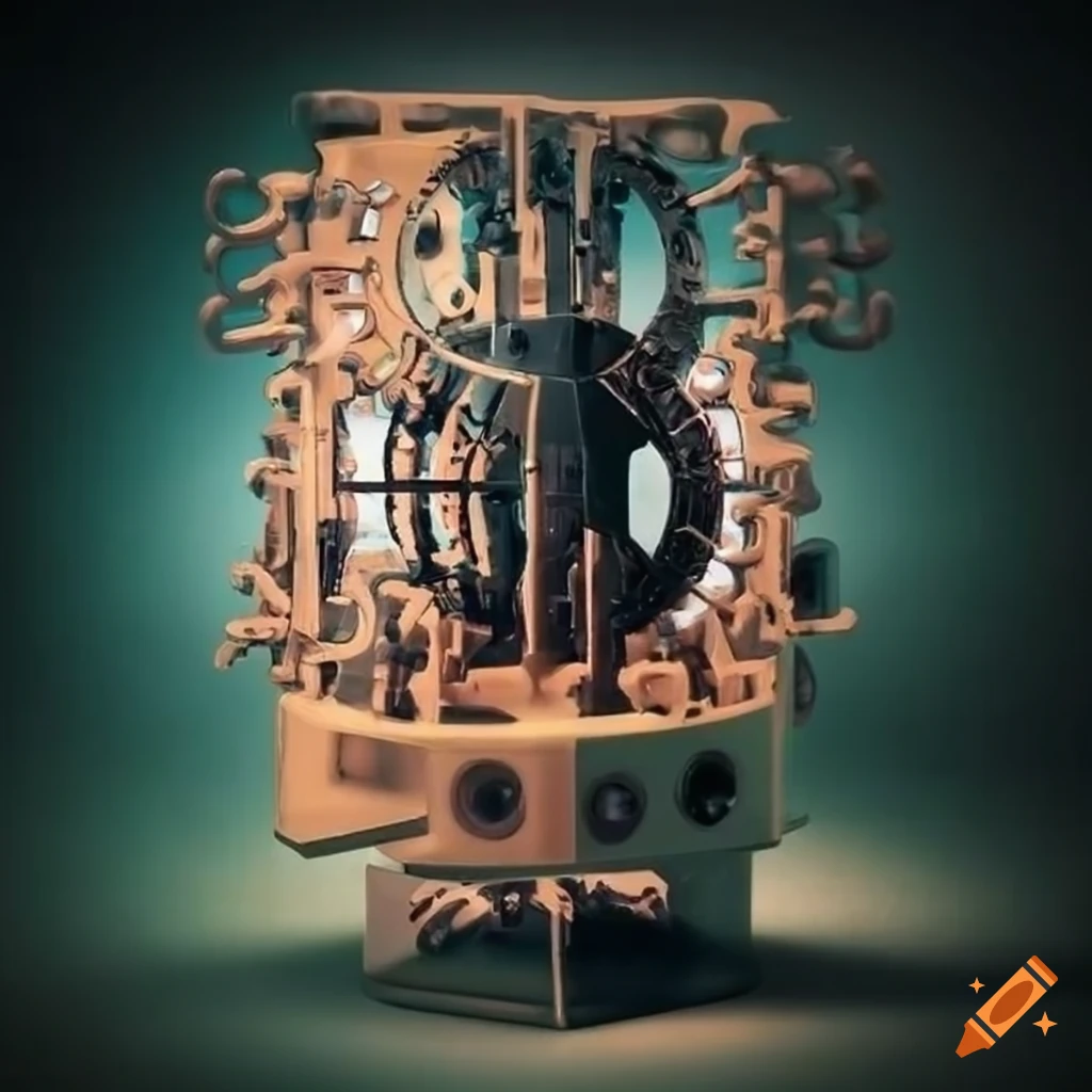 Surrealist puzzle machine system with glass, copper, plastic, enigma ...