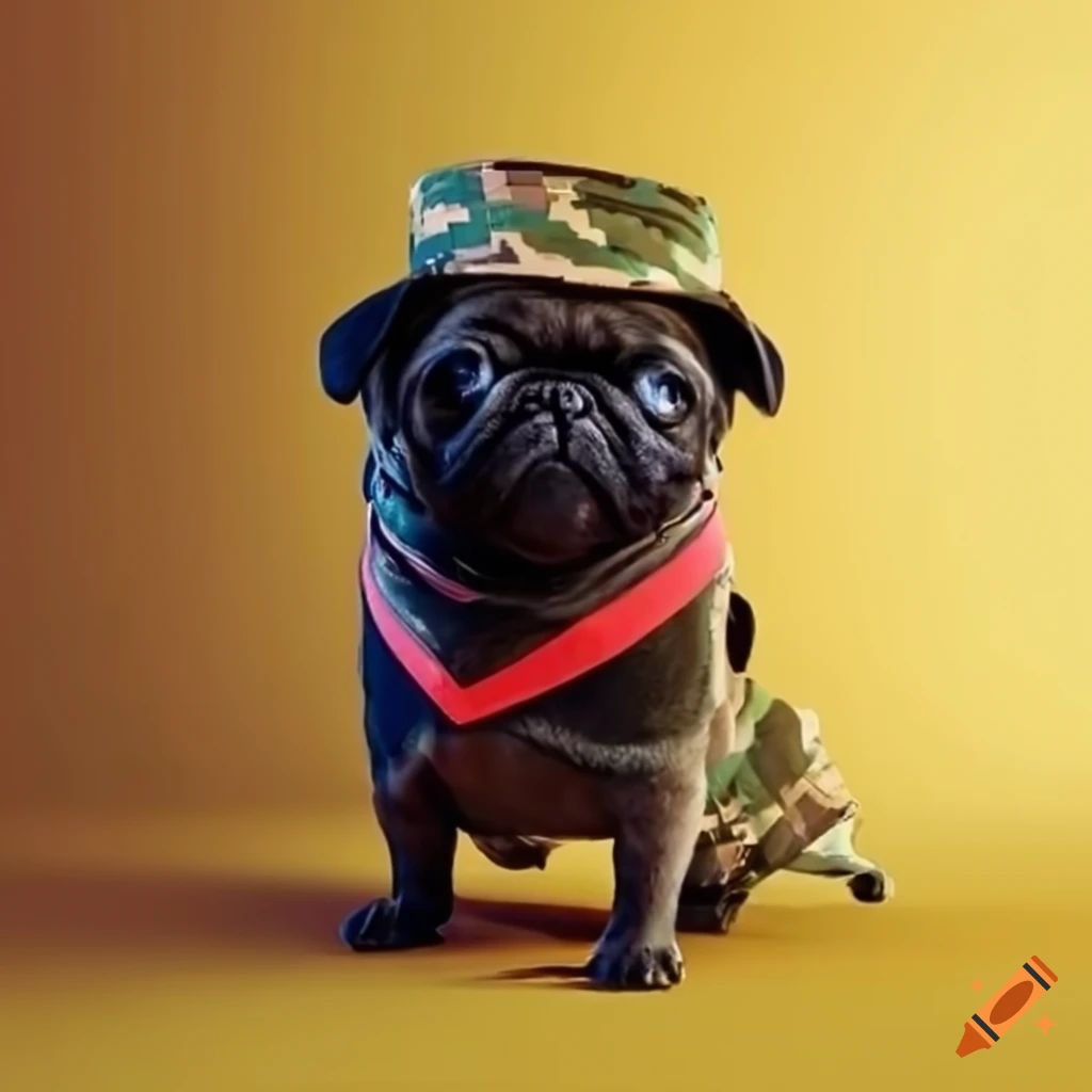 Pug in military uniform on four legs on Craiyon