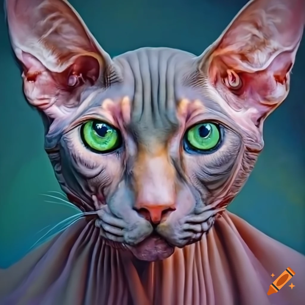 Intricately detailed close-up portrait of a Sphynx cat with a humanoid ...