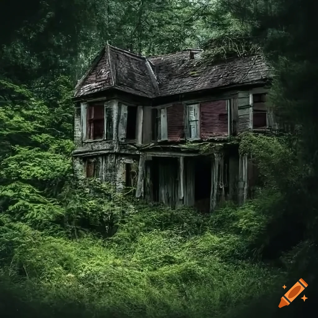Dark and dense forest with an old dilapidated house and overgrown yard on Craiyon