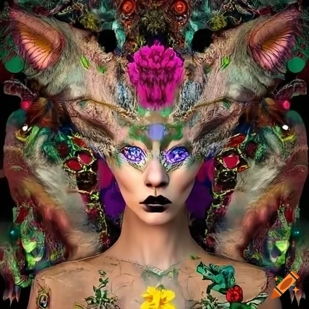 Biopunk cyborg red fox goddess in a captivating forest setting on Craiyon