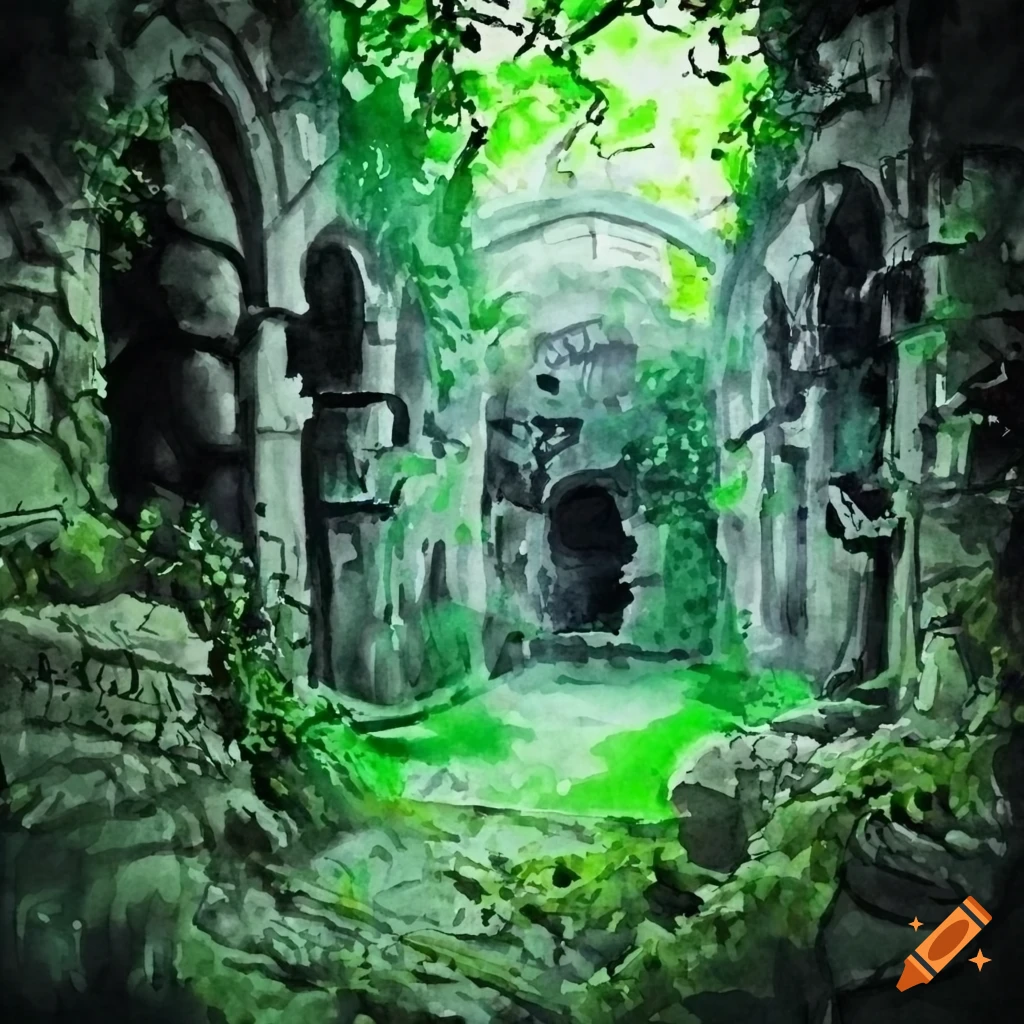 Overgrown crypt catacombs tomb ruins in a gloomy black and green landscape on Craiyon