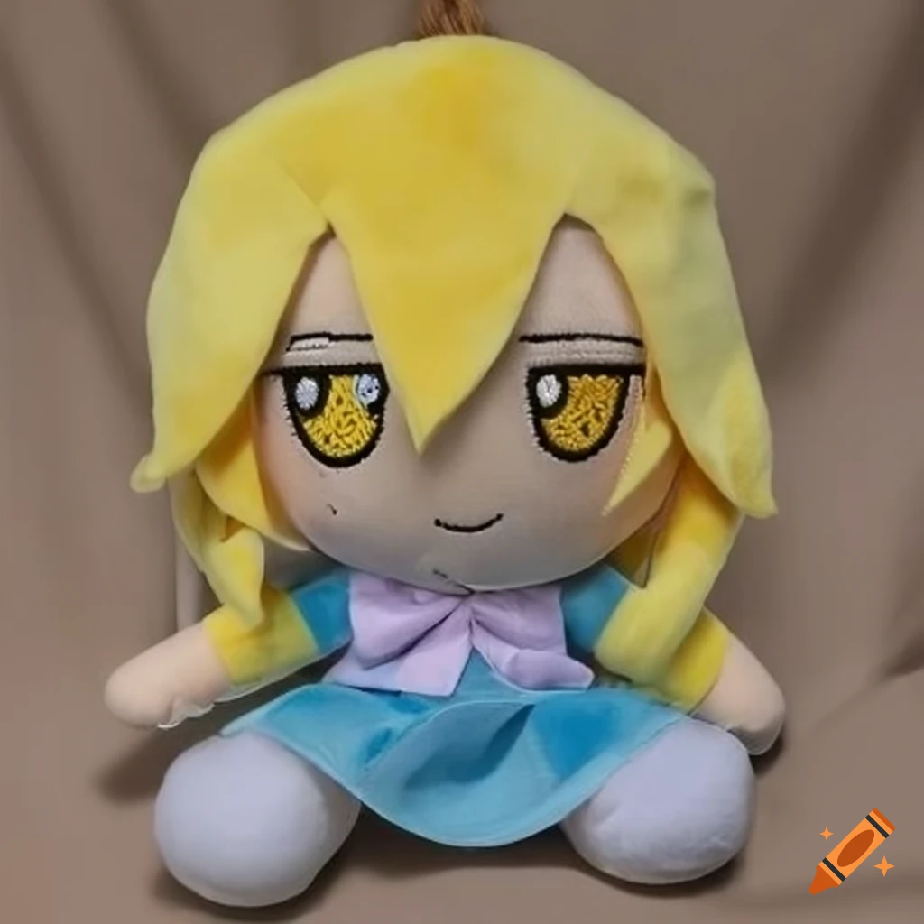 Fumo plush doll with yellow eyes, yellow hair, and a big bow on Craiyon