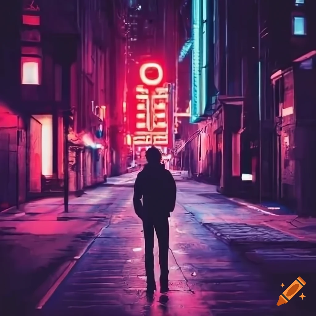 Man standing in front of neon street lights on Craiyon