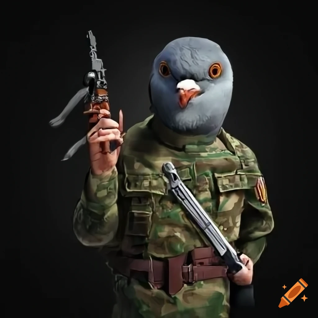 Pigeon in military uniform with a rifle on Craiyon