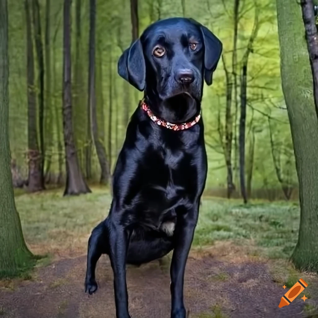 Majestic black Labrador Retriever in an enchanting forest on Craiyon