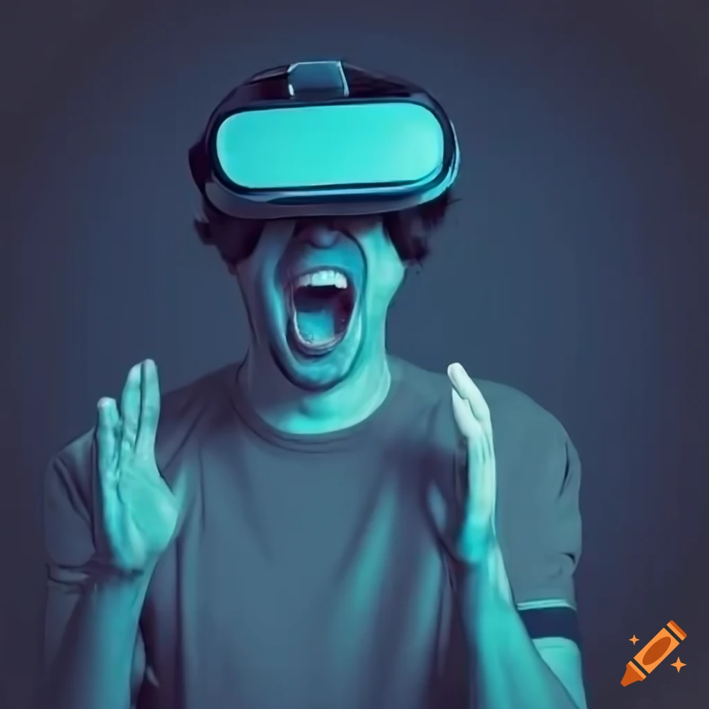 Man wearing vr glasses and screaming against a black background with ...