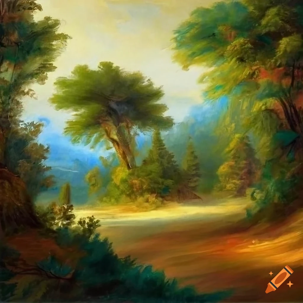 Rococo oil painting of pines and cypresses in an italian forest dans la ...