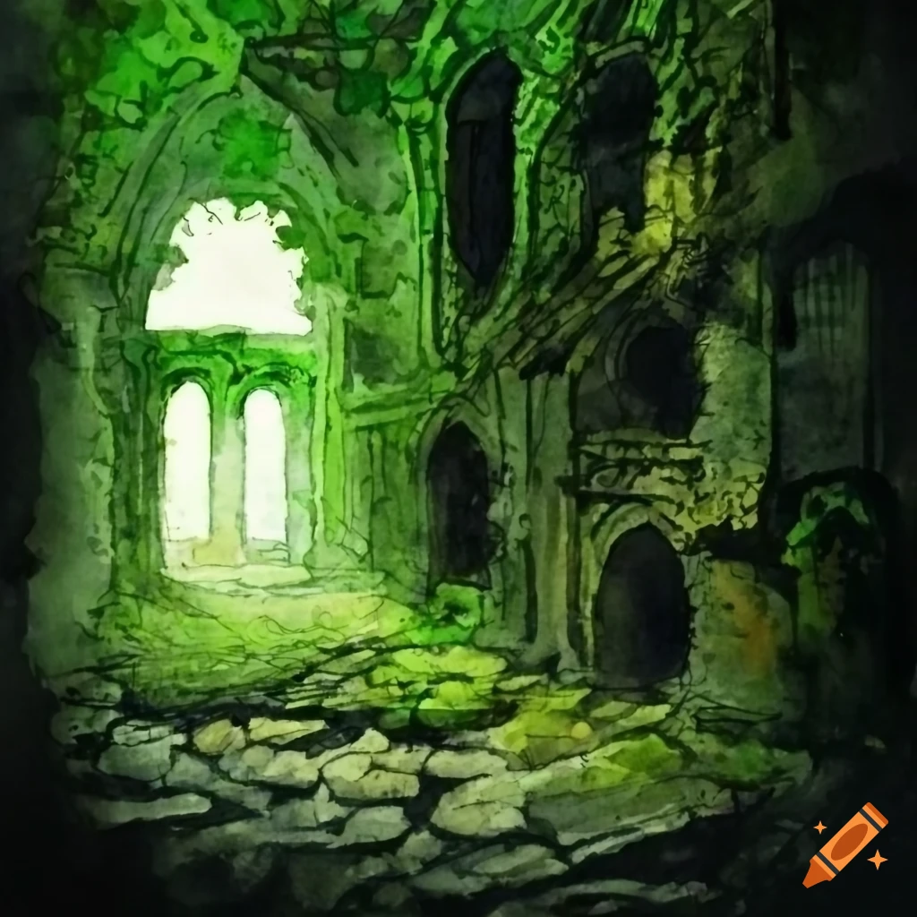 Overgrown crypt catacombs tomb ruins landscape in black and green watercolor on Craiyon