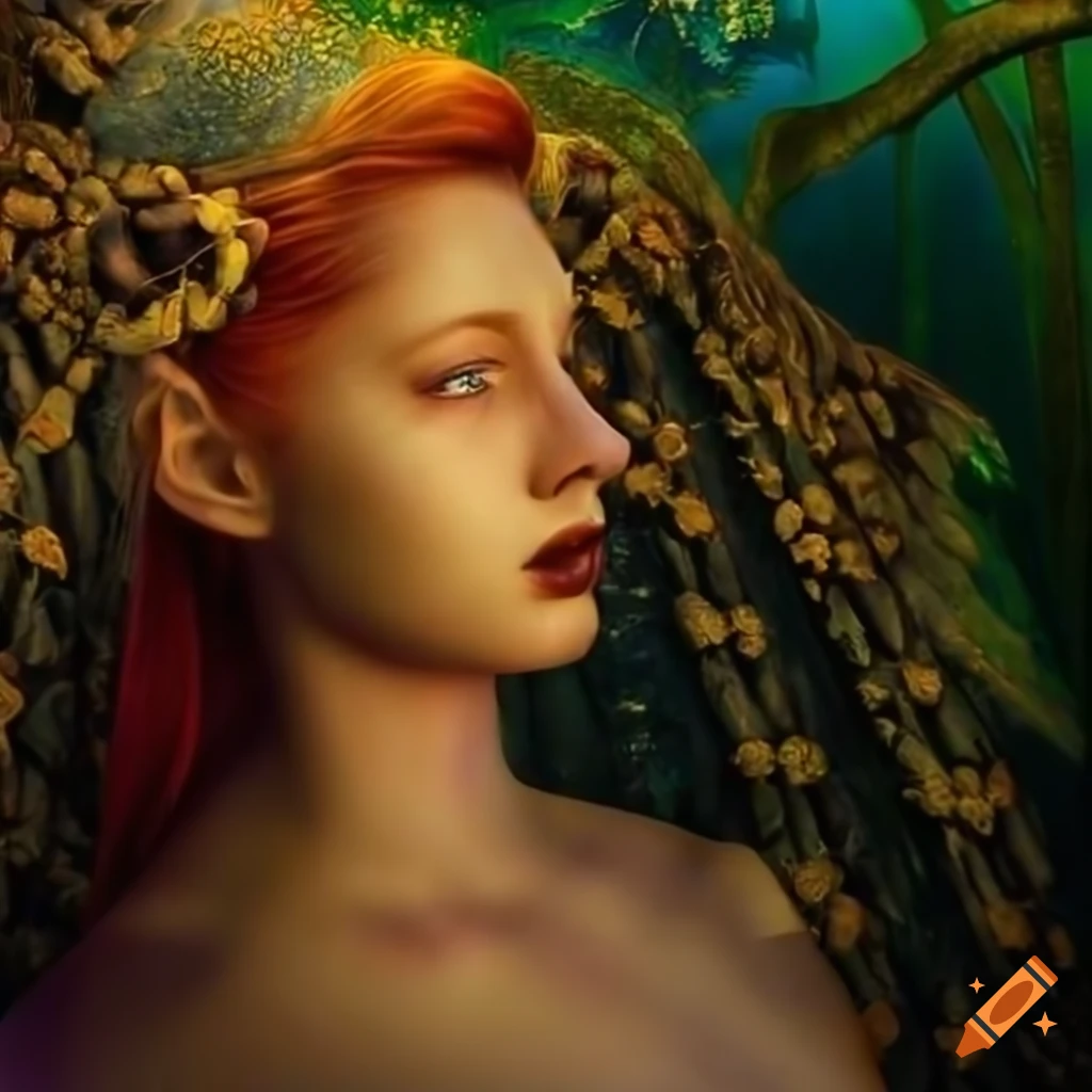 Close-up of a mermaid goddess in a surreal tropical setting on Craiyon