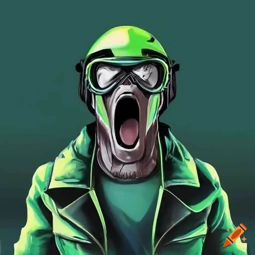 Superhero in green jacket and motorcycle helmet screaming on Craiyon
