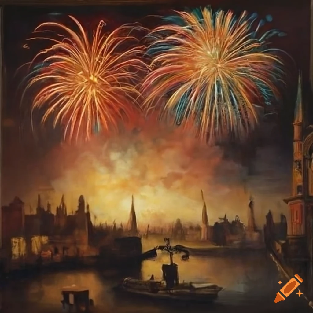 Fireworks exploding over a city in a 1800s oil painting on Craiyon
