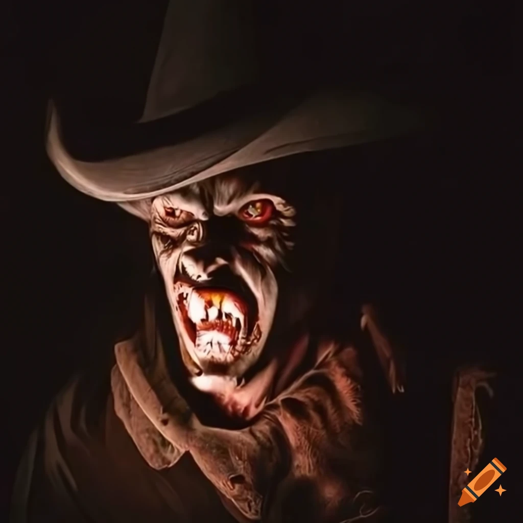 Highly detailed vampire cowboy character in a night town setting on Craiyon