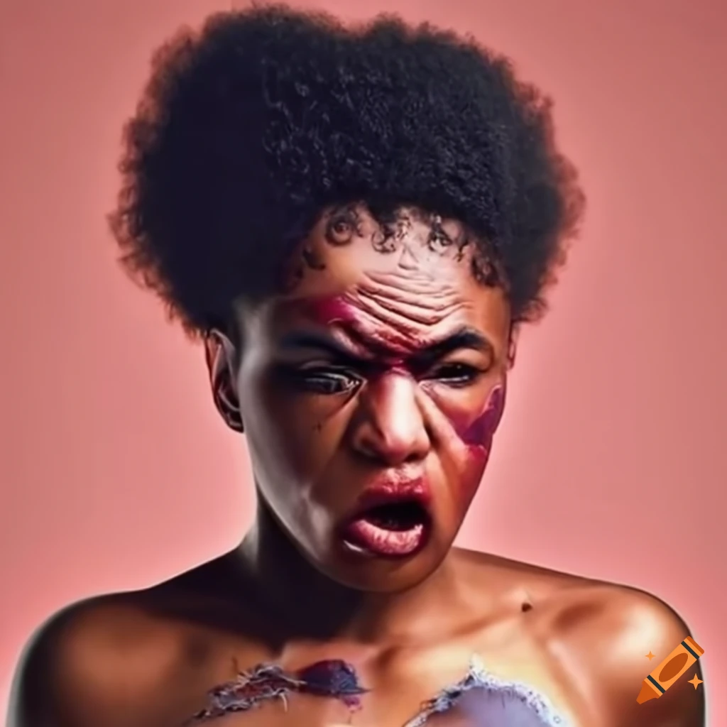 Strong woman fighter with determined expression in damaged attire on ...