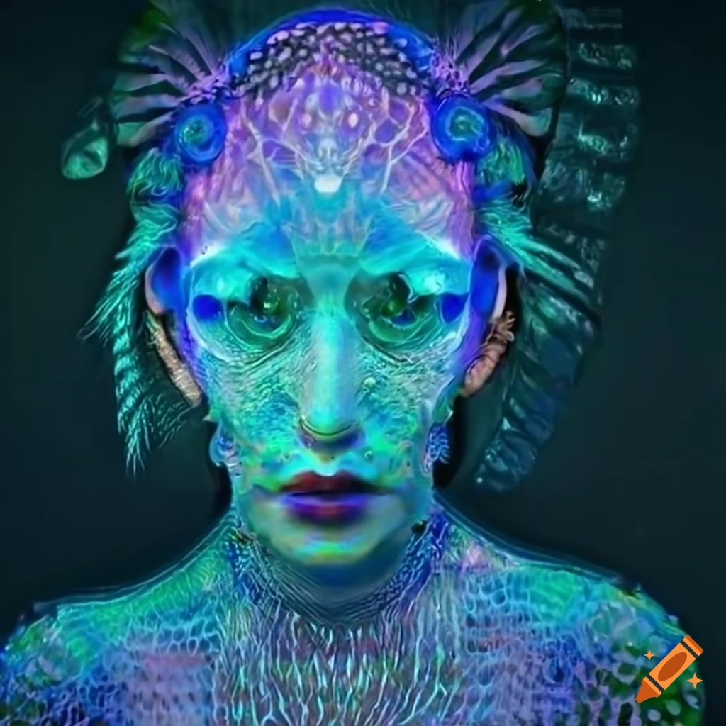 Close-up of a biopunk mermaid showcasing bioluminescent scales, gills ...