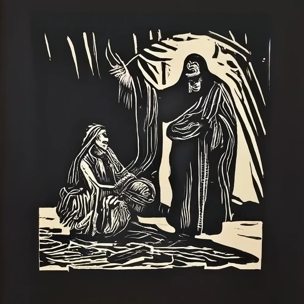 Striking 1970s linocut in black and white with plain background depicts ...