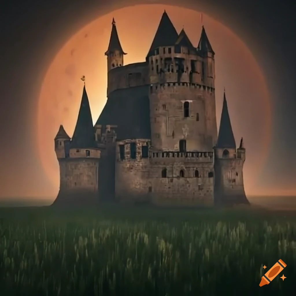 Ancient medieval castle collapsing under lunar eclipse in a forest ...